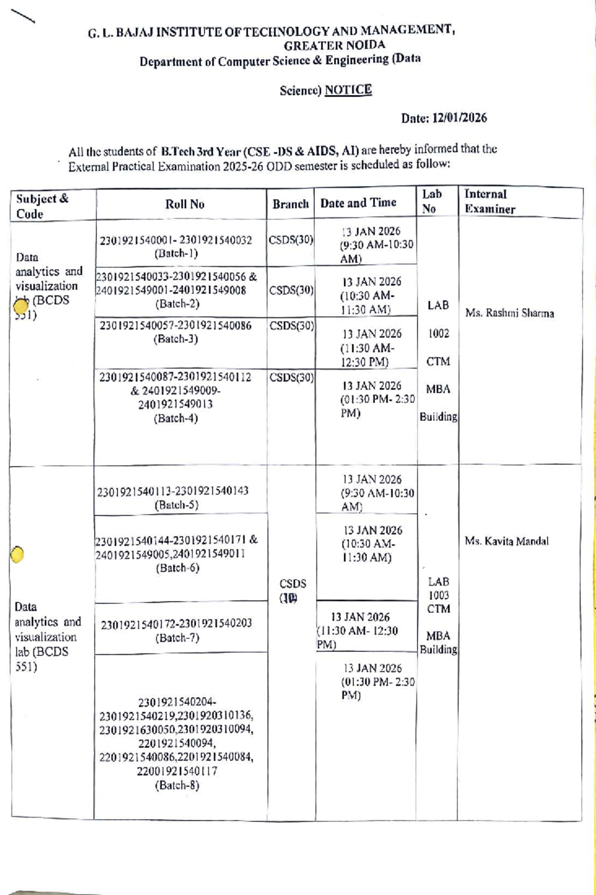 IDAV & AI External Practical Exam Schedule for B.Tech CSE AI - Studocu