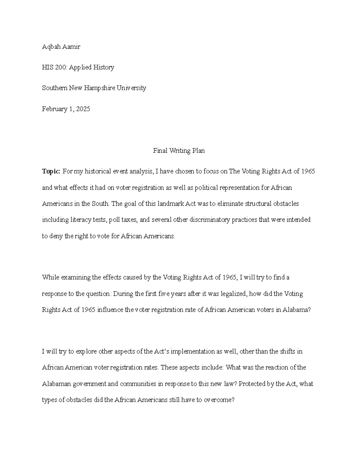 HIS 200: Final Writing Plan on the Voting Rights Act of 1965 - Studocu