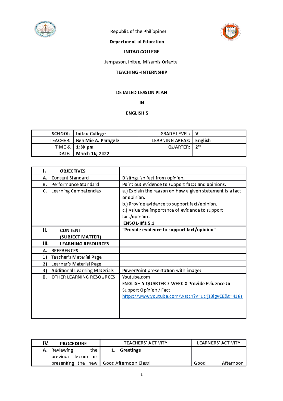 DLP- English in Grade 5 - “Provide evidence to support fact/opinion ...