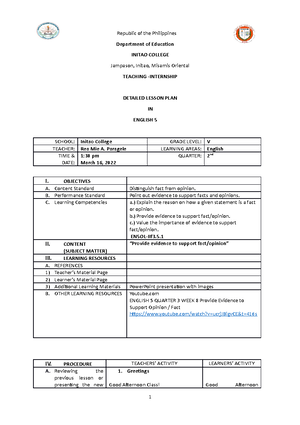 4as DLP #1 - DLP in english - Detailed Lesson Plan in English 3 I ...