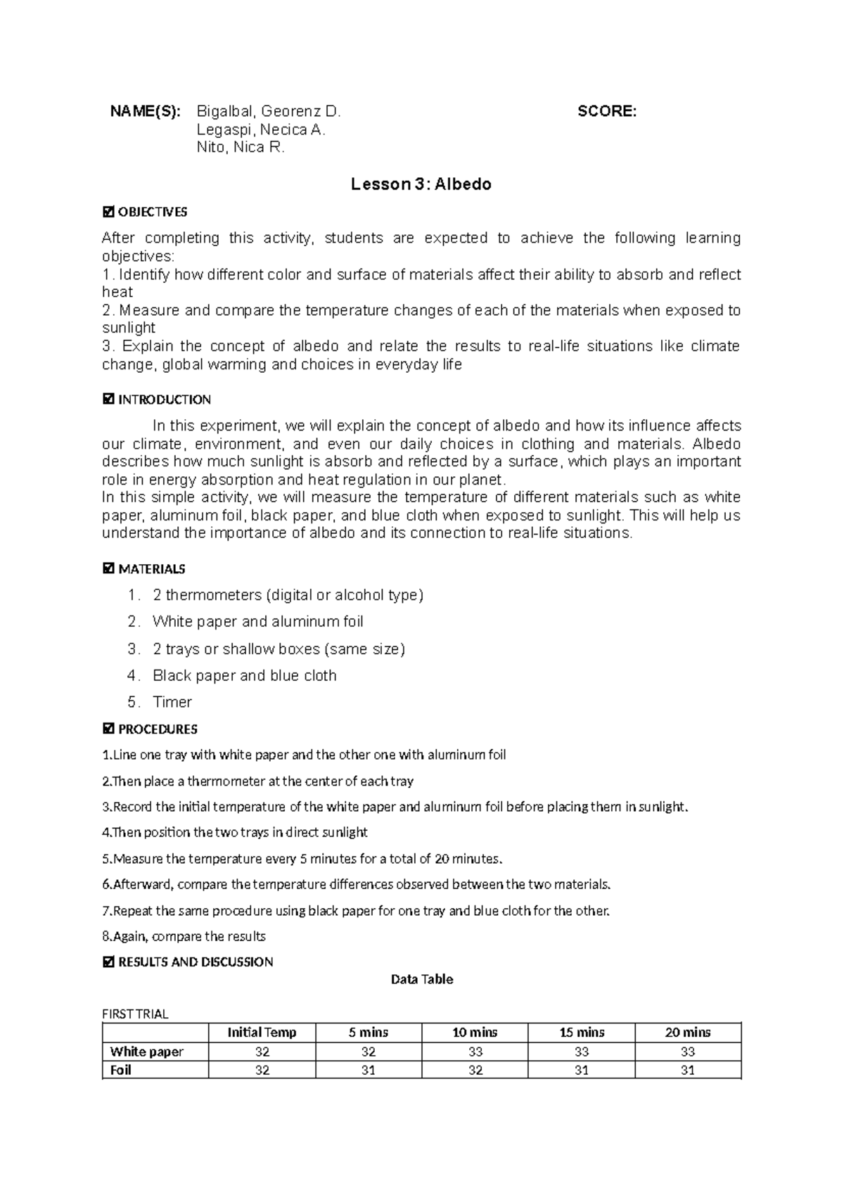 Lesson 3: Albedo Experiment - Understanding Heat Absorption and ...