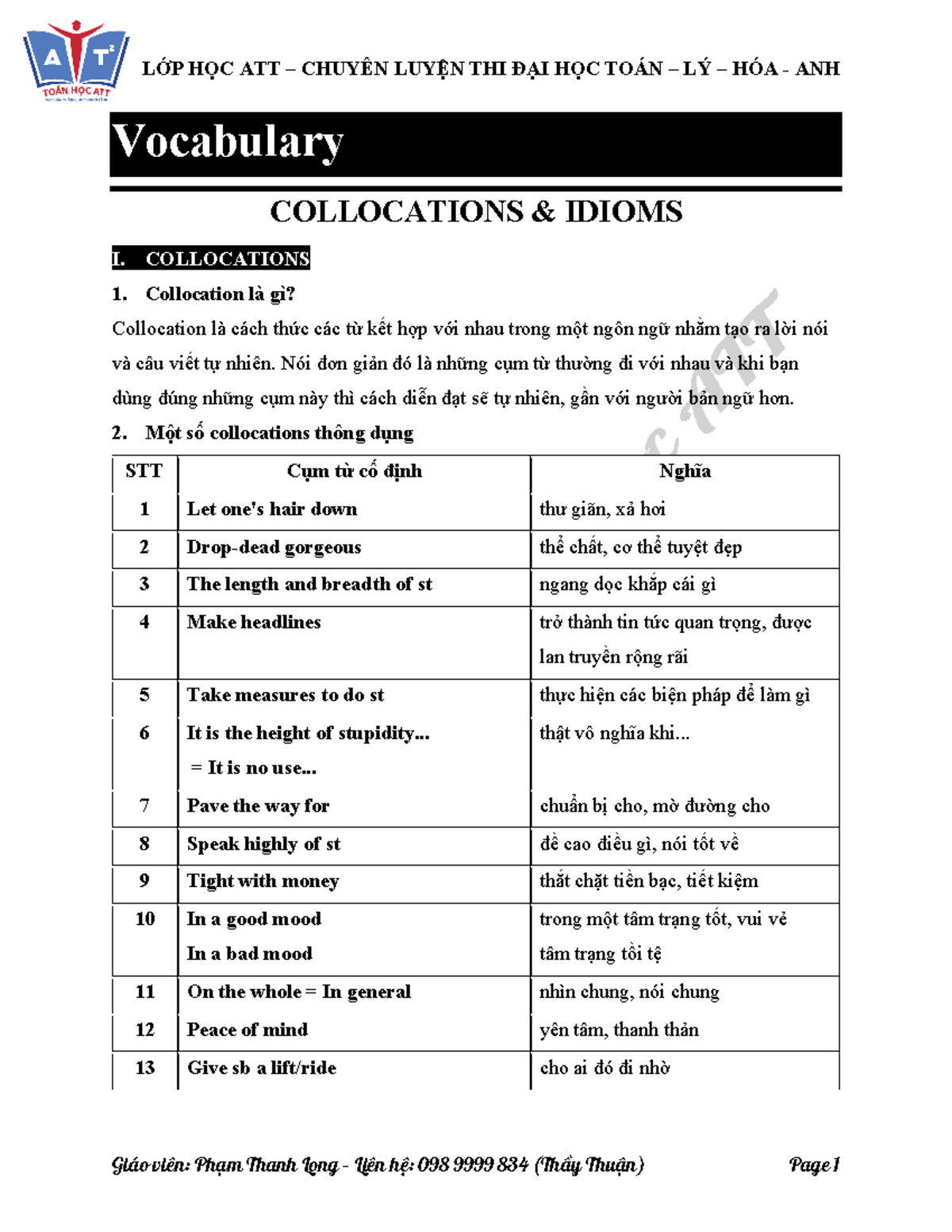 Collocation AND Idiom - hi .... - Vocabulary COLLOCATIONS & IDIOMS I ...