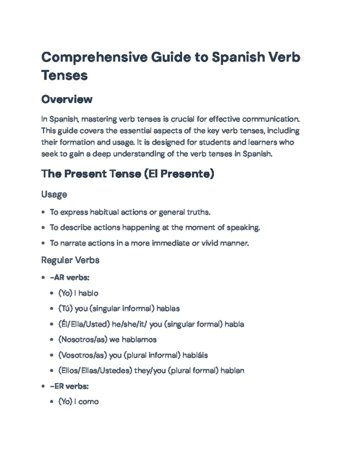 Spanish Verb Tenses Overview Guide for Language Learners ...