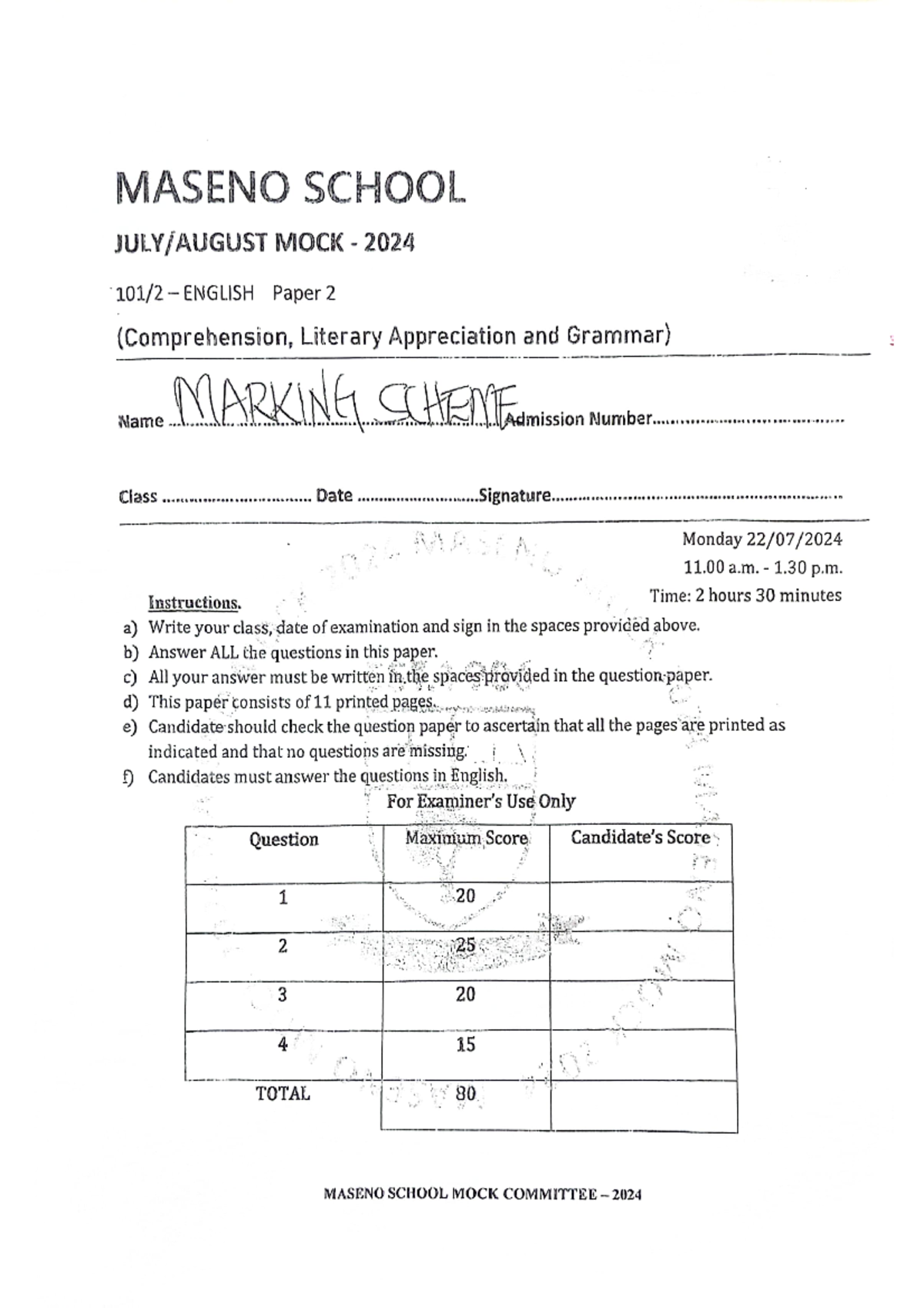 Maseno School Mock 2024 English Paper 2 Marking Scheme and Guide - Studocu