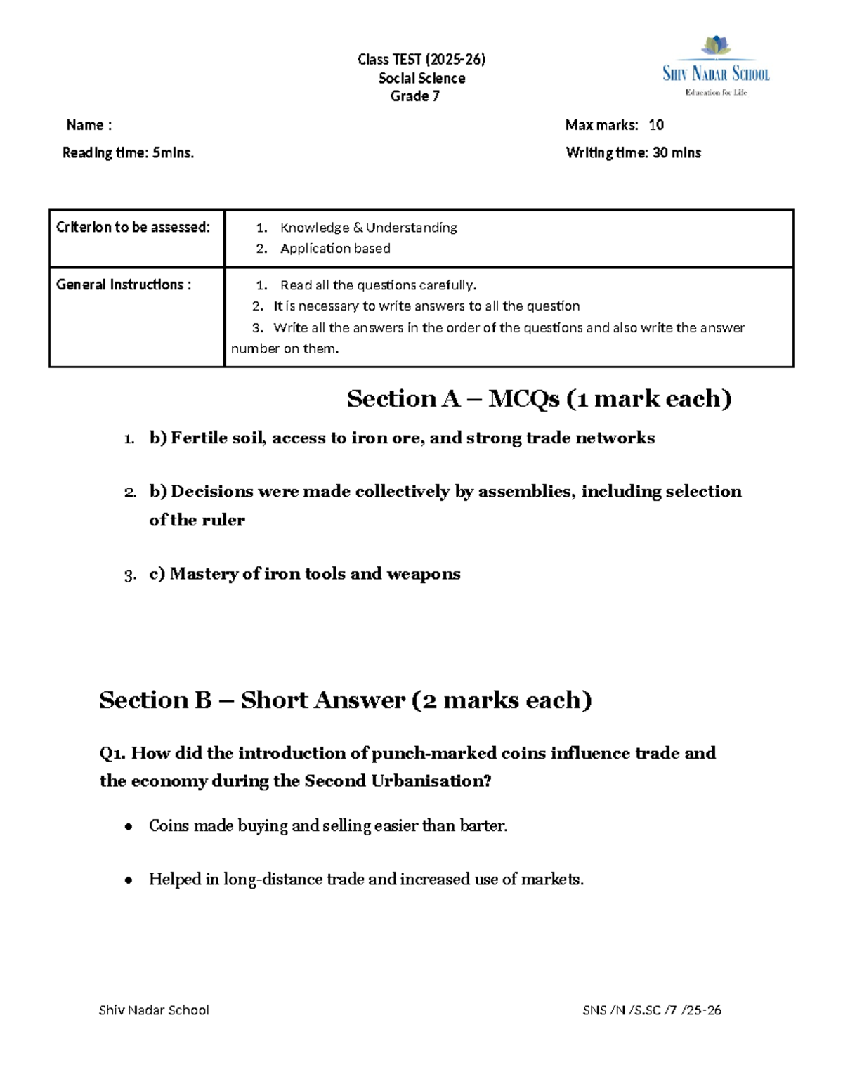 Grade 7 Social Science Class TEST Answer Key - Max Marks: 10 - Studocu