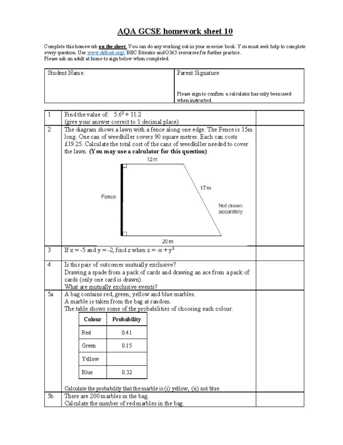 GCSE AQA Homework Sheet 10: Revision & Practice Tasks - Studocu