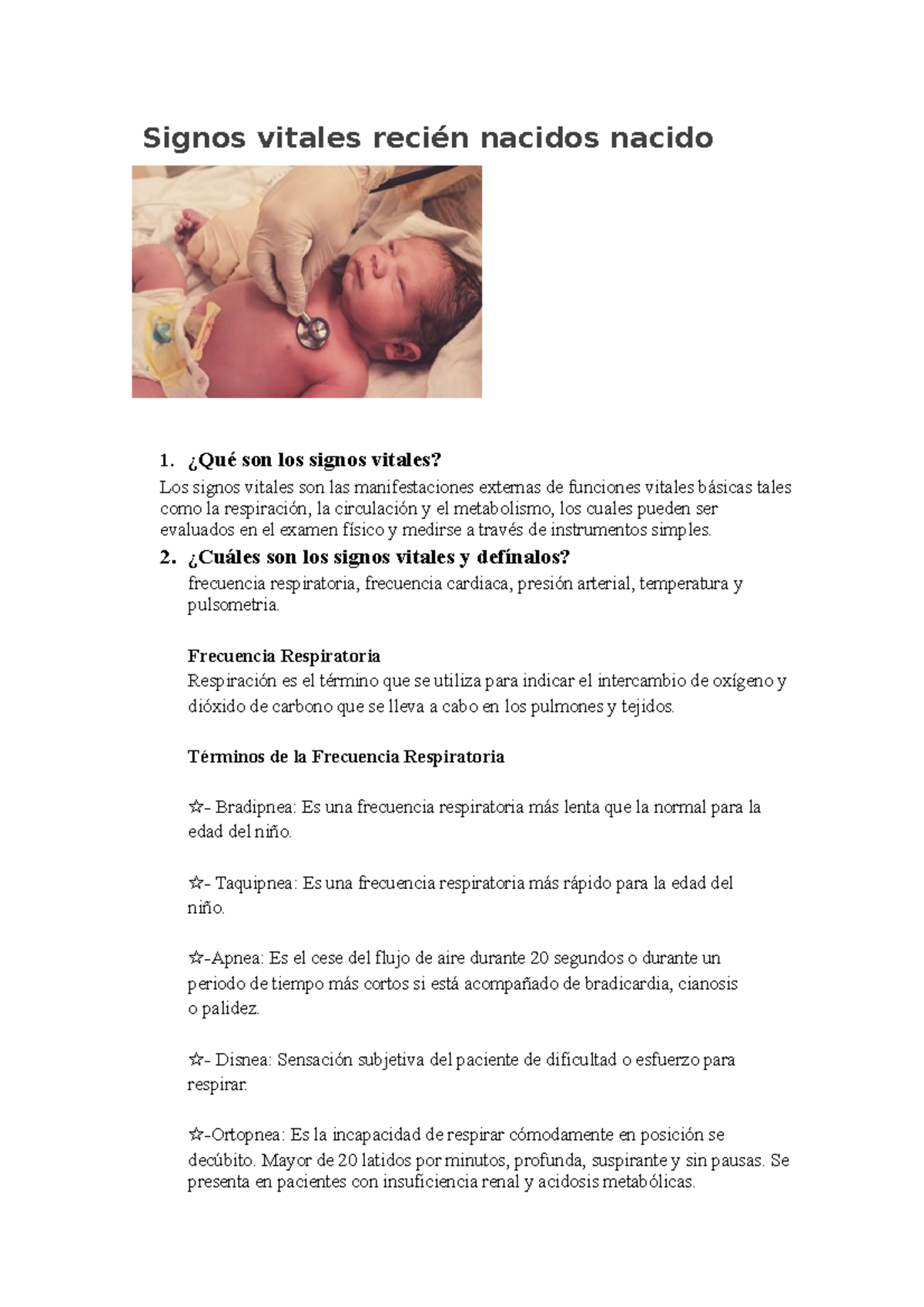 Signos Vitales en Recién Nacidos: Definición y Valores Normales - Studocu