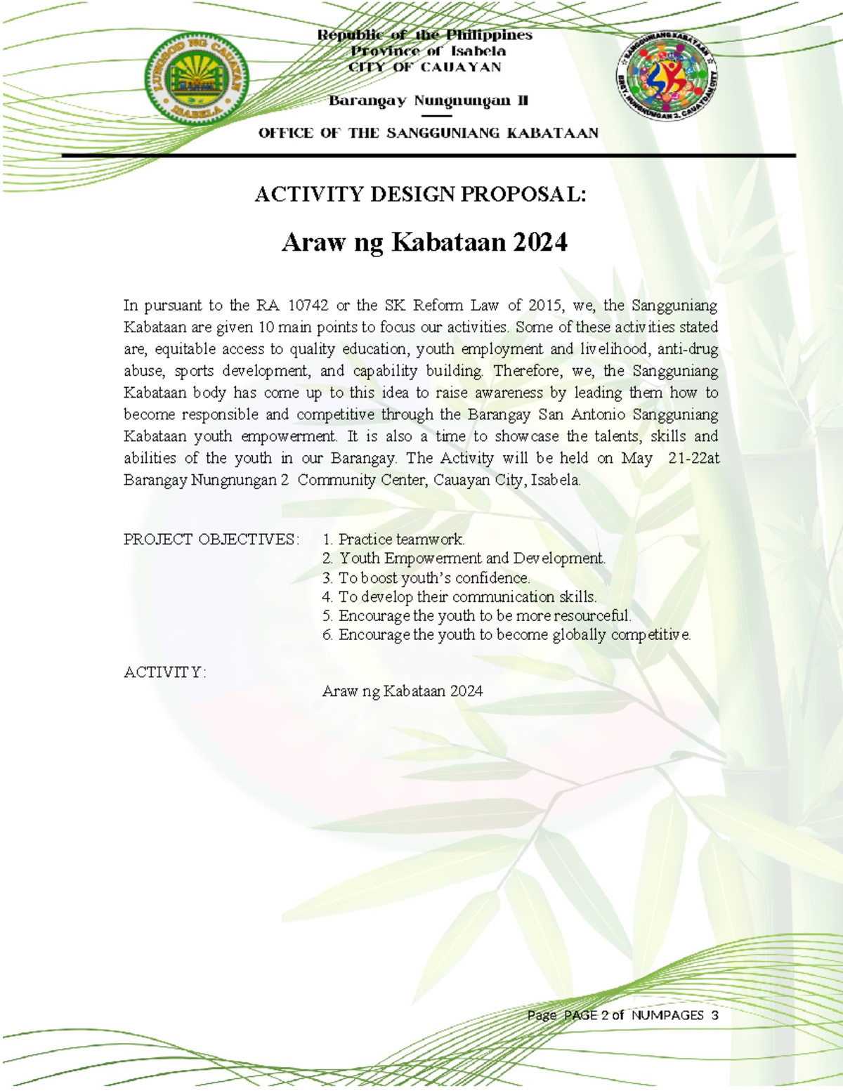 Araw ng Kabataan 2024 Activity Design Proposal - Barangay San Antonio ...