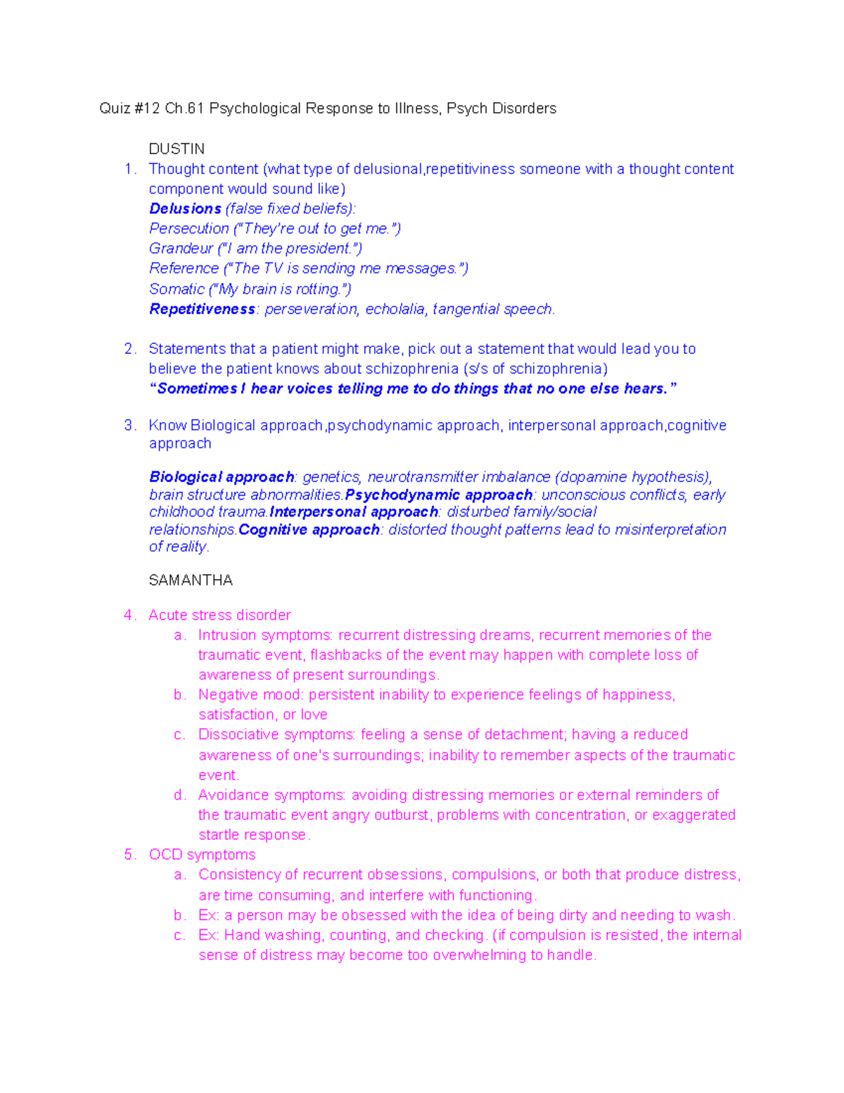 Quiz #12: Psychological Responses to Illness & Psych Disorders - Studocu