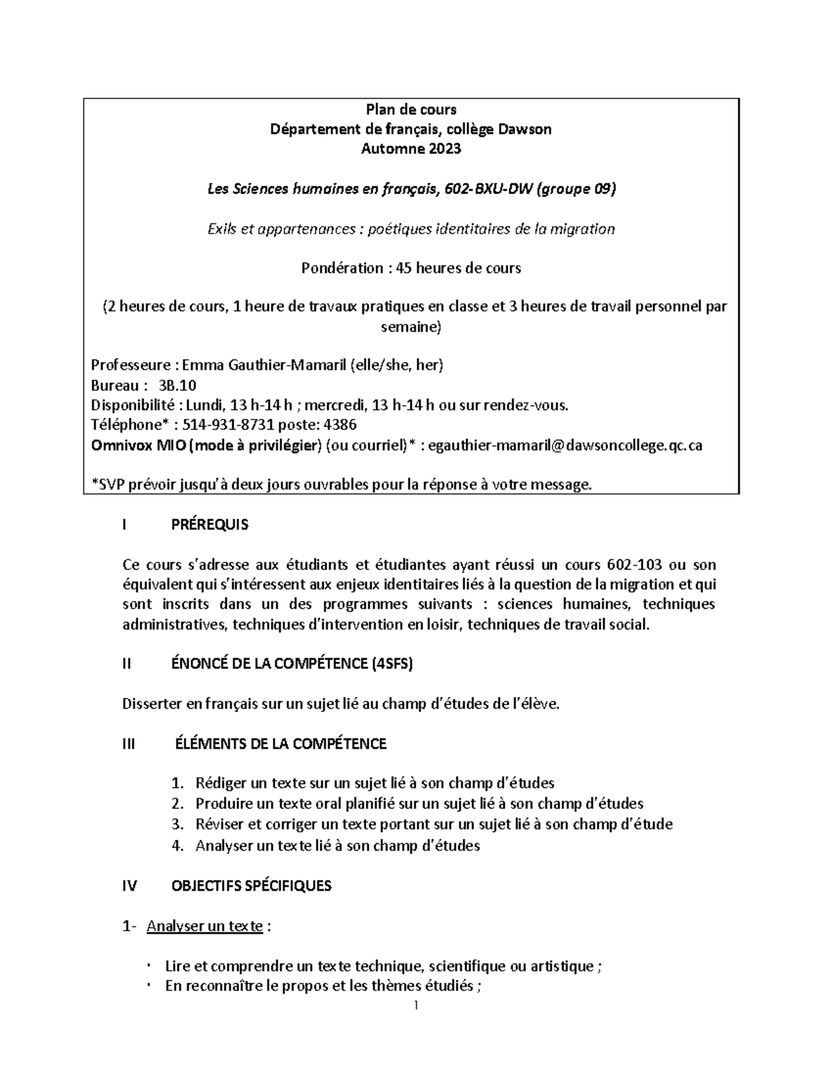 Plan de Cours - 602-BXU-DW : Exils et Appartenances, Automne 2023 - Studocu