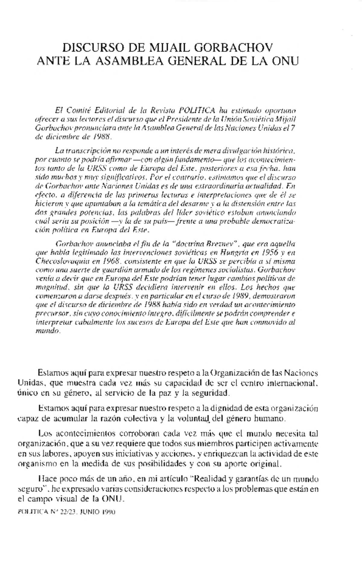 Discurso de Mijail Gorbachov ante la ONU: Reflexiones y Propuestas ...