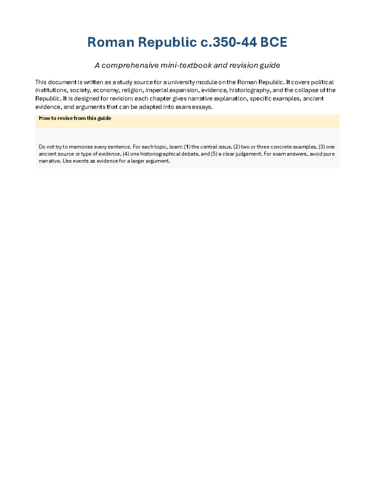 Roman Republic BCE: Comprehensive Revision Guide for Students - Studocu