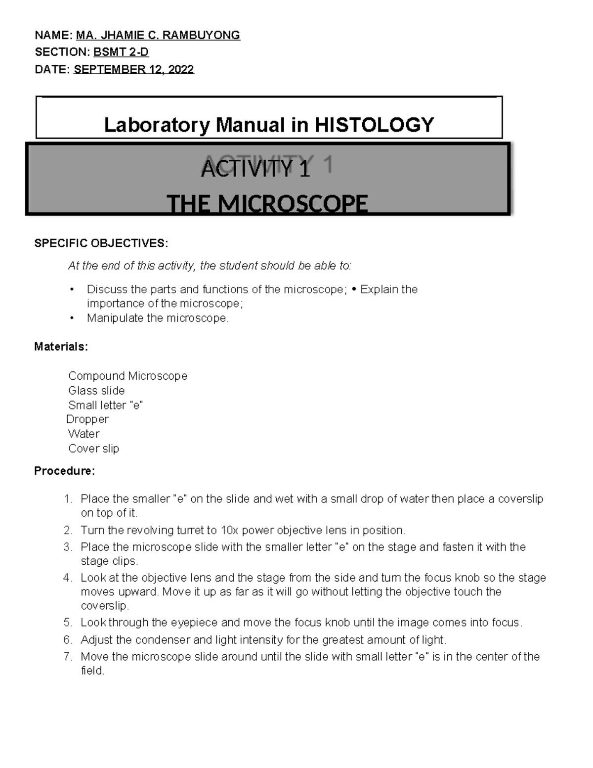 Activity 1: Histology Lab Manual - Understanding the Microscope (BSMT 2 ...