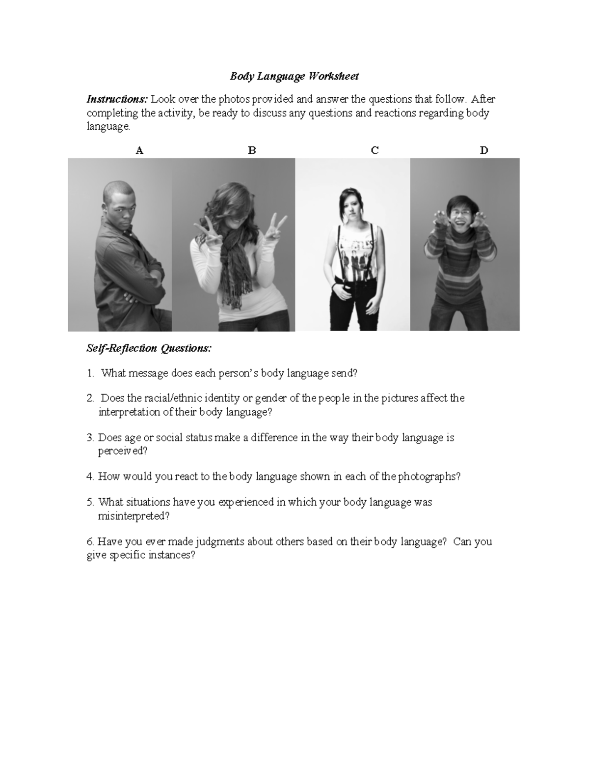 Body language Study - Body Language Worksheet Instructions: Look over ...