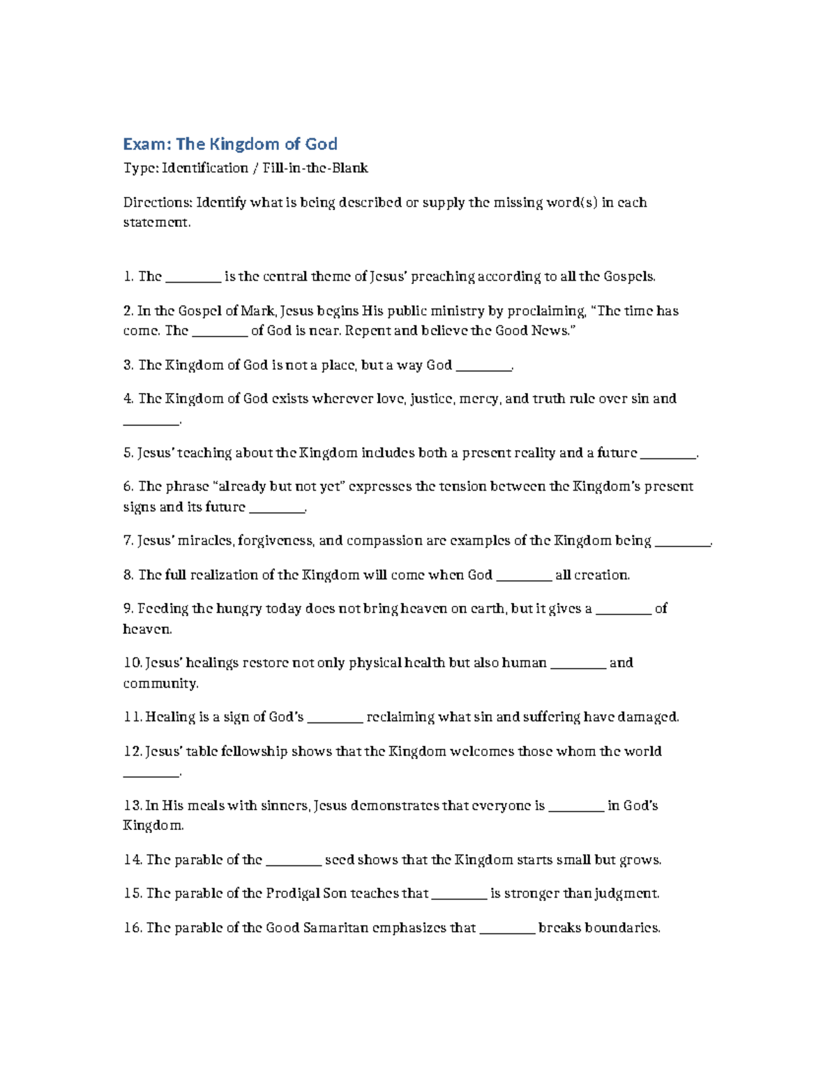 Exam: The Kingdom of God Identification Study Guide - Studocu