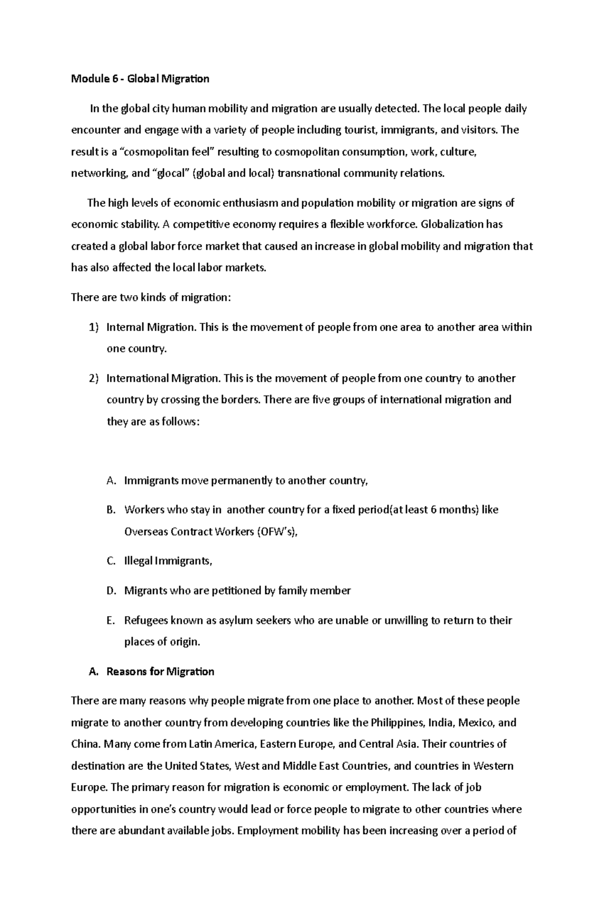 Module 6: Understanding Global Migration Trends and Impacts - Studocu