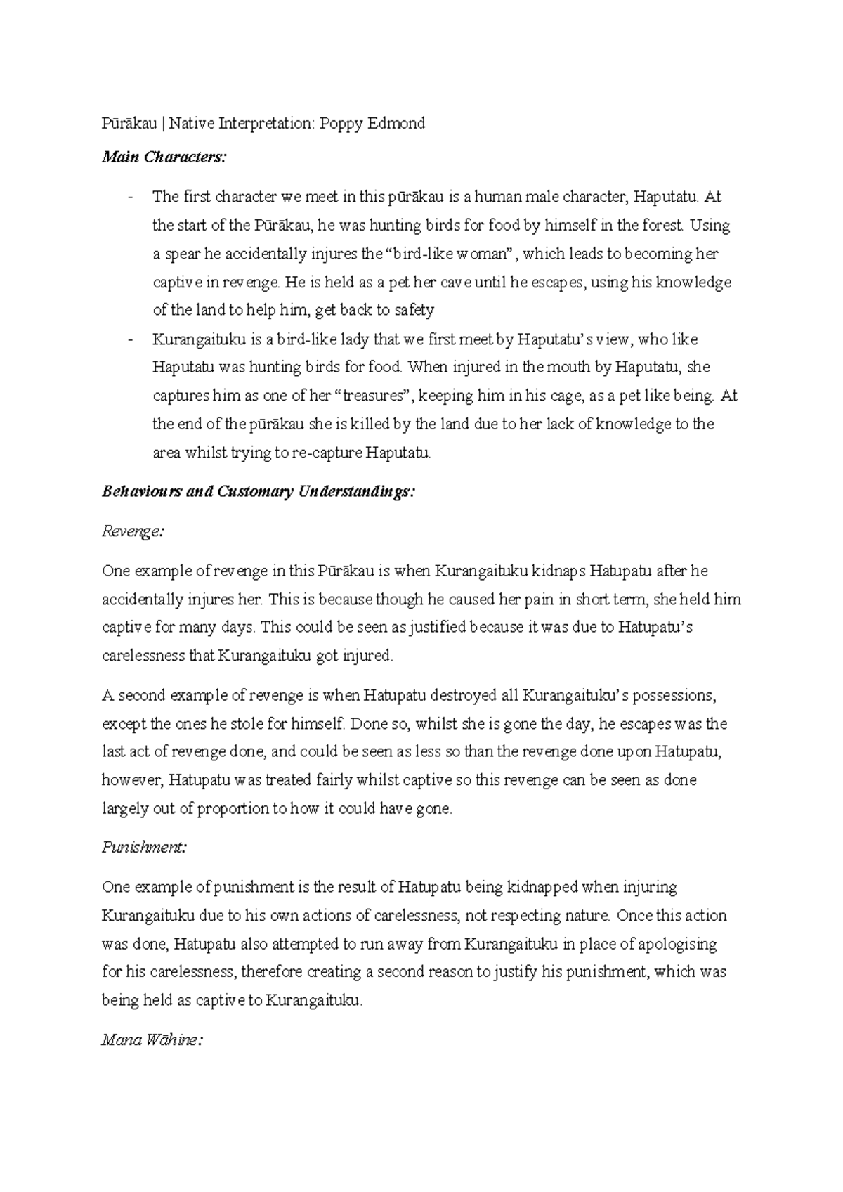 Pūrākau Analysis: Main Characters & Themes - Sem 2 Insights - Studocu