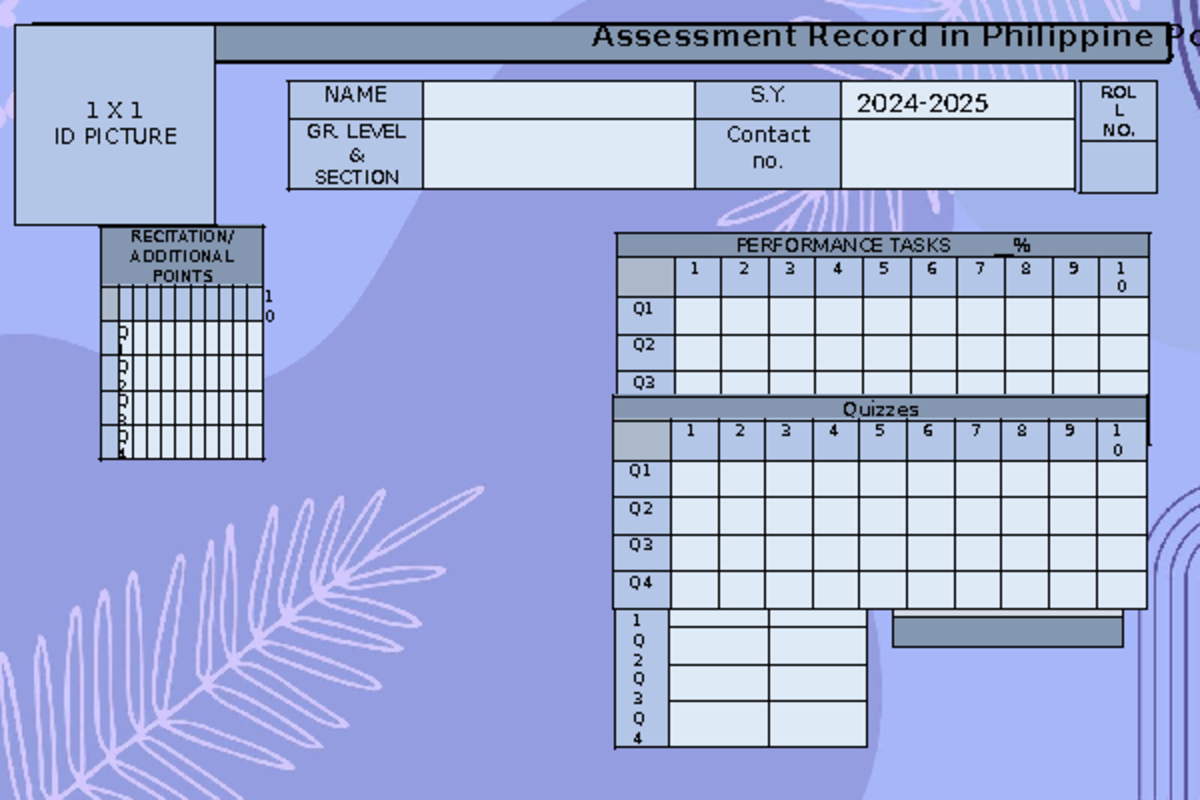 Assessment Record Template Light Blue - RECITATION/ ADDITIONAL POINTS 1 ...
