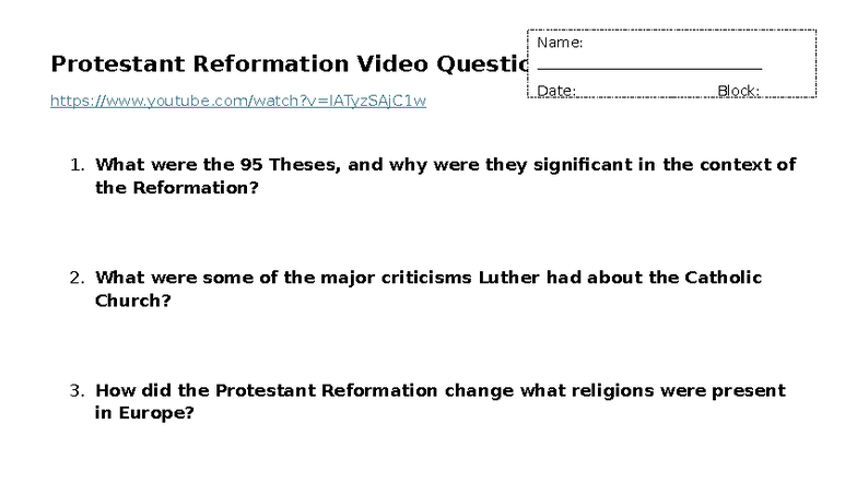 History 101: Protestant Reformation Video Questions - Studocu