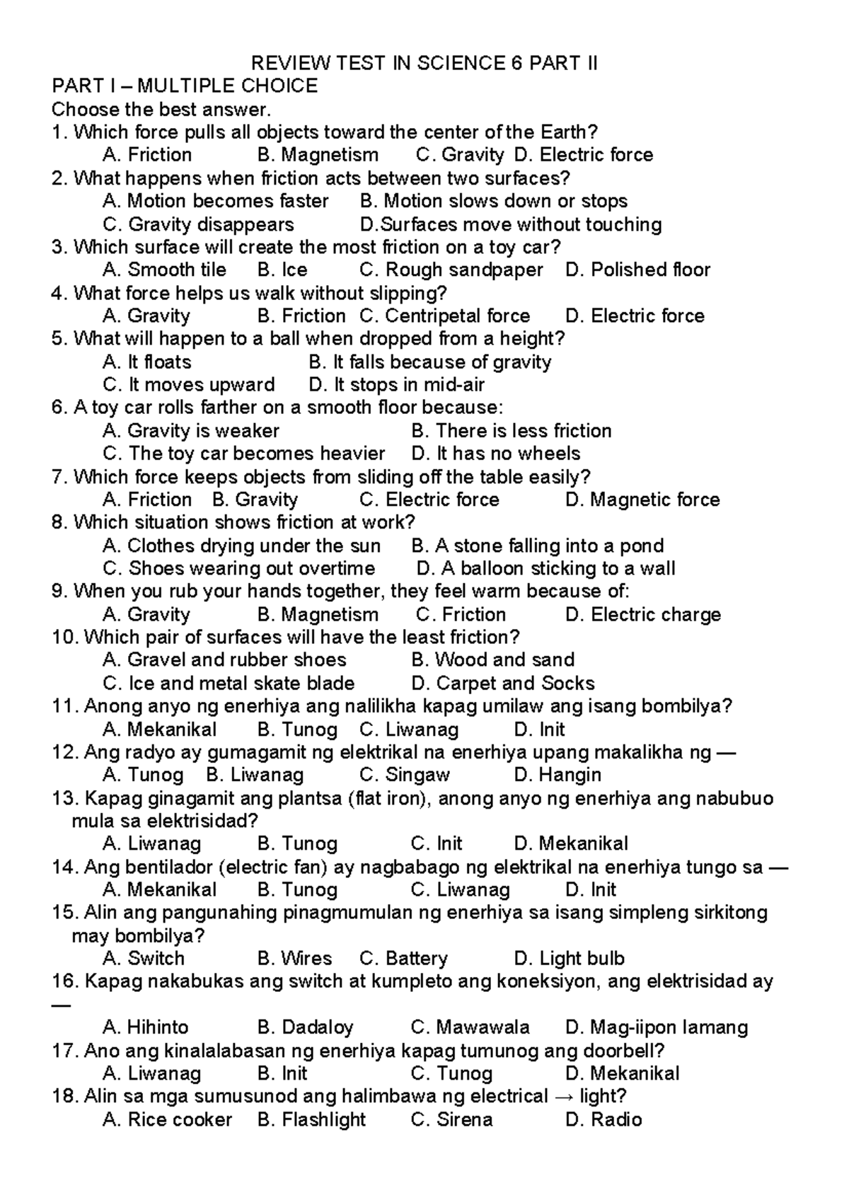 Review Test in Science 6: Part II - Multiple Choice Questions - Studocu