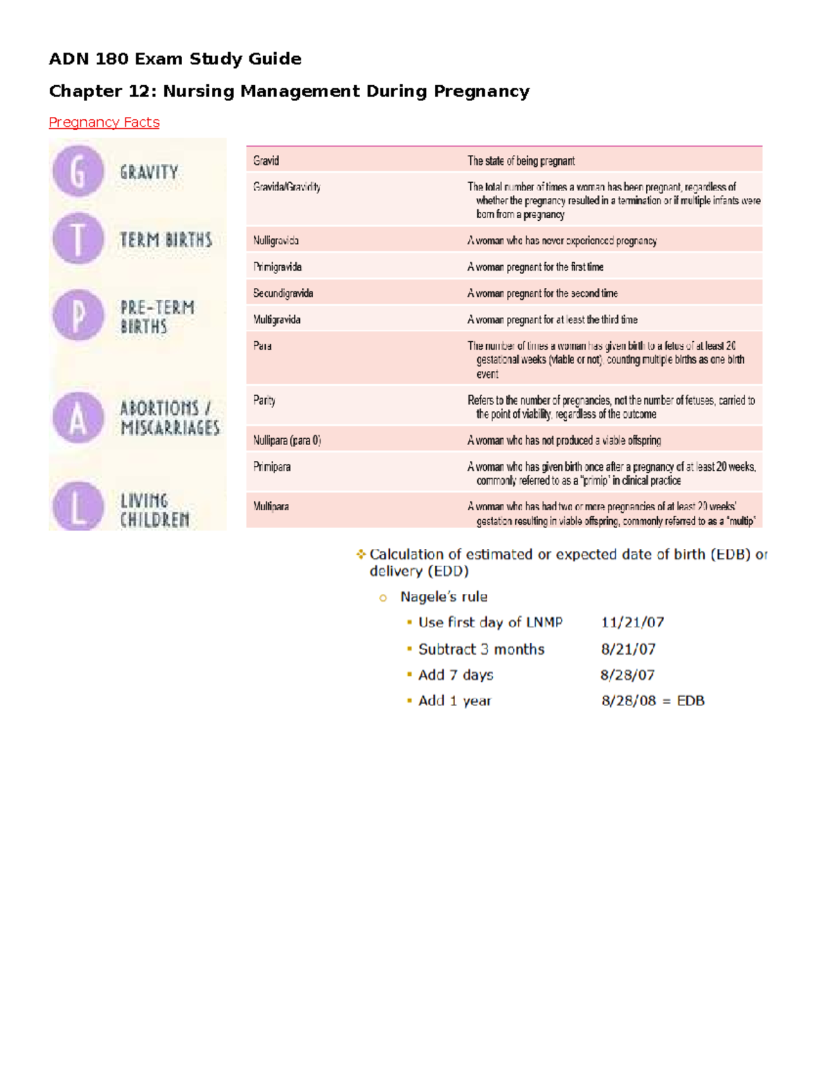 ADN 180 Exam Study Guide: Nursing Management During Pregnancy - Studocu