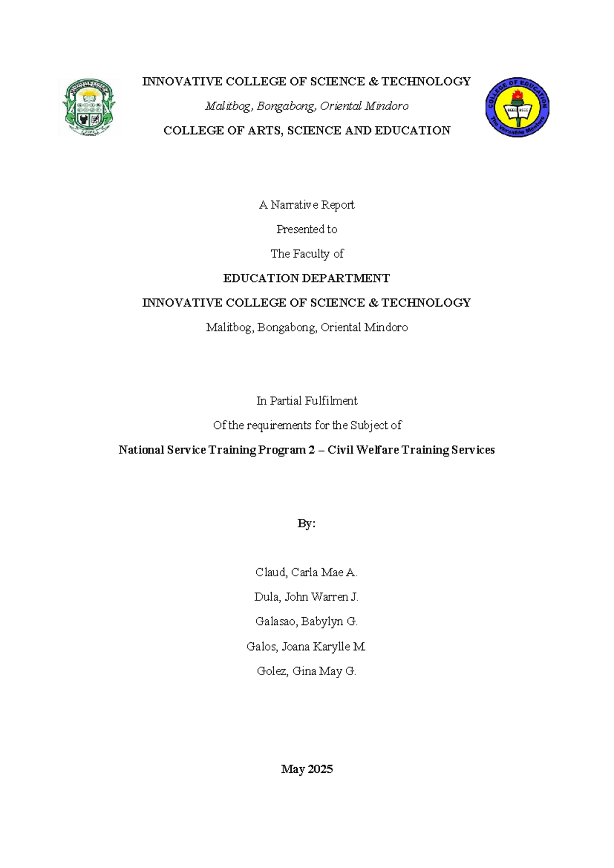 CWTS 2 Narrative Report: Outreach Program at Batangan Mangyan School ...