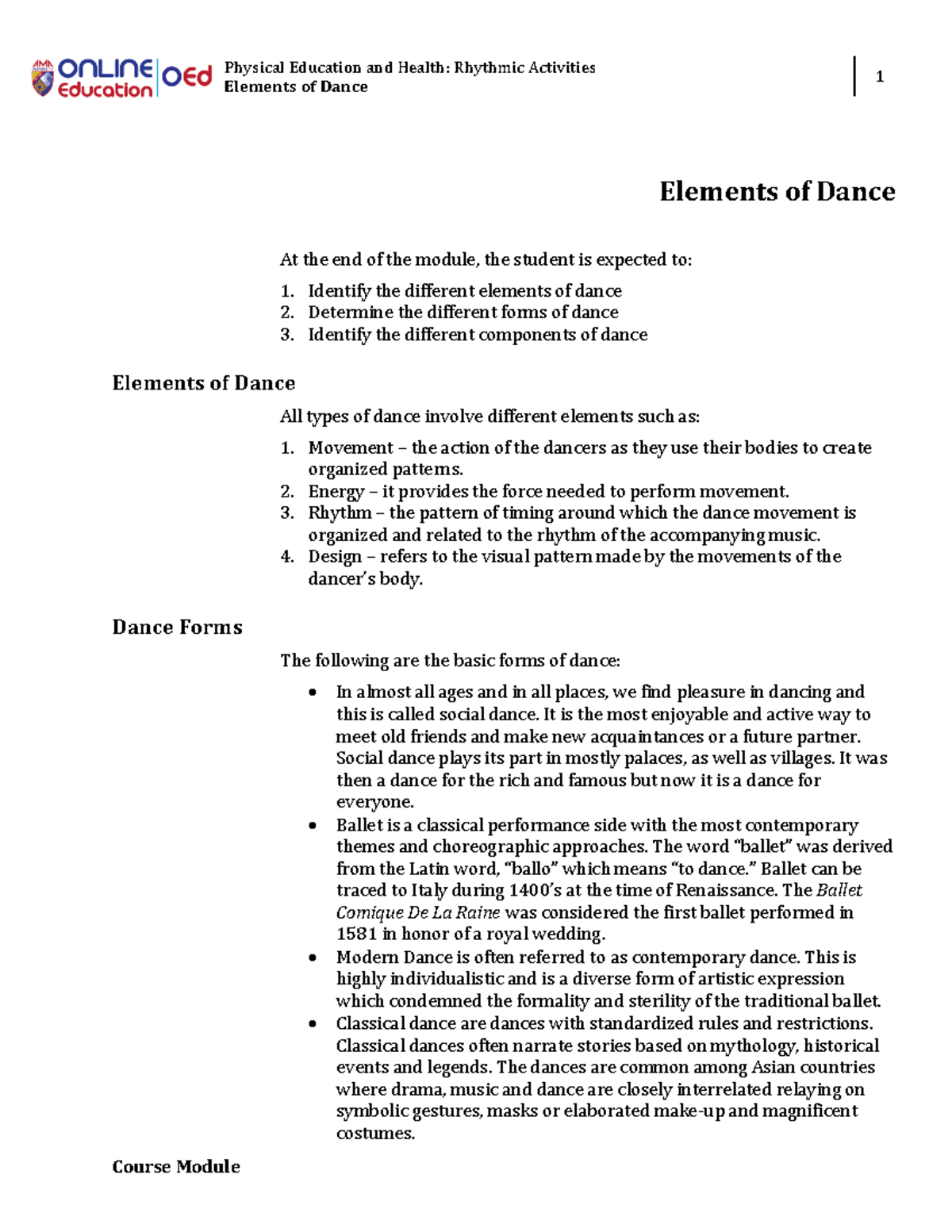 W10 Lesson 6 - Key Concepts of Dance Elements - Module - Studocu