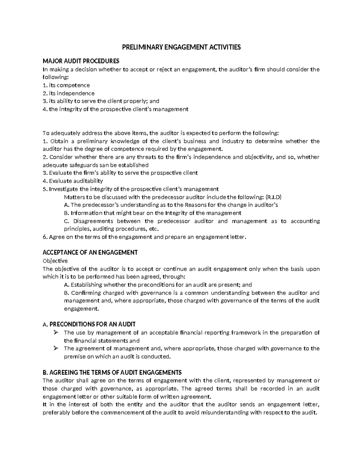 Preliminary Engagement Activities & Major Audit Procedures Overview - Studocu