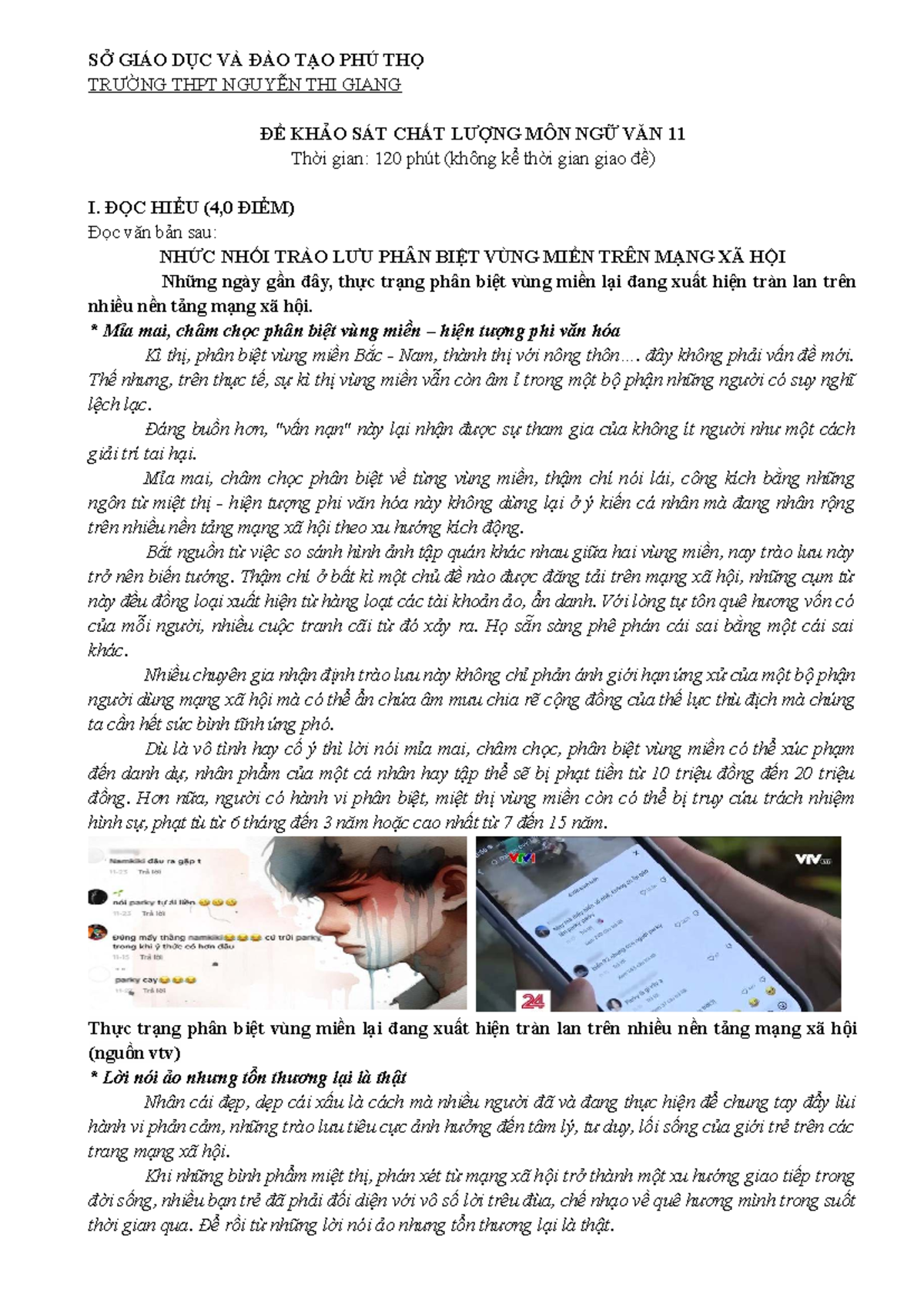 ĐỀ KHẢO SÁT CHẤT LƯỢNG MÔN NGỮ VĂN 11 - TRƯỜNG THPT NGUYỄN THỊ GIANG ...