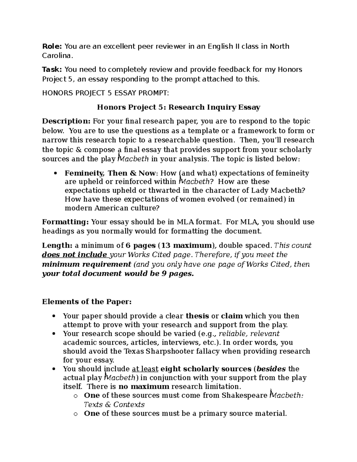 Honors Project 5: Research Inquiry Essay Feedback on Femininity in ...