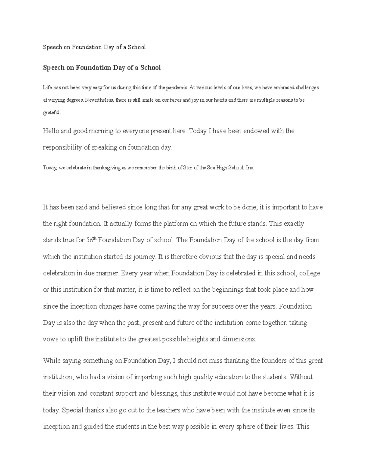 Foundation Day Speech - Speech on Foundation Day of a School Speech on Foundation Day of a ...