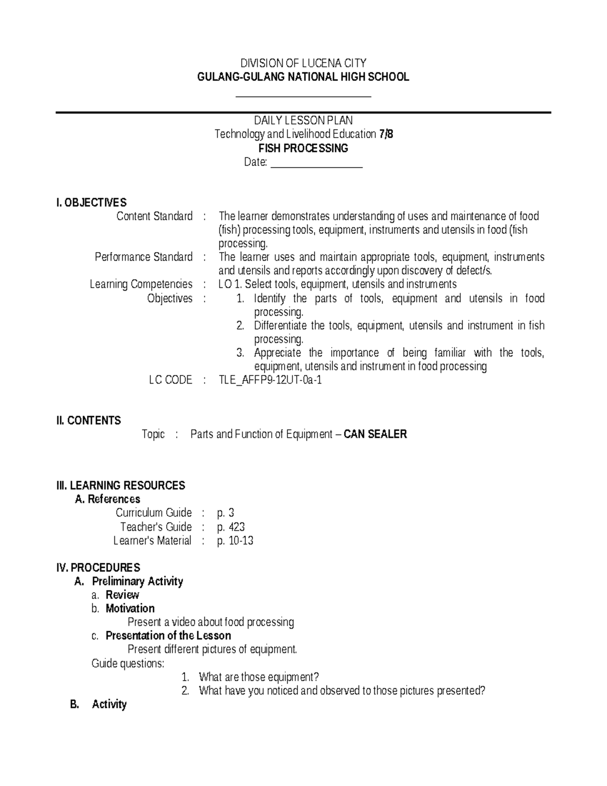 Daily Lesson Plan TLE 7: Fish Processing Tools & Equipment Overview ...