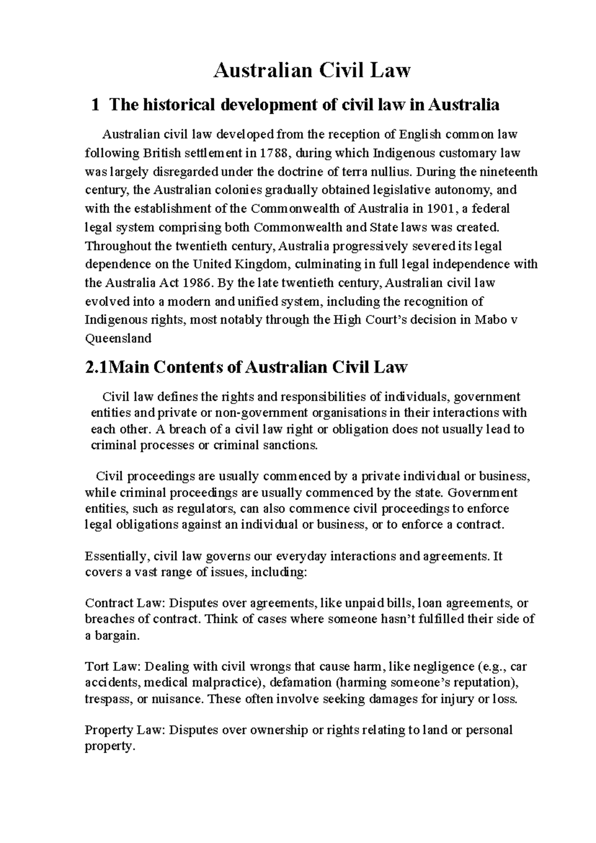 Australian Civil Law 1: Historical Development and Key Concepts - Studocu