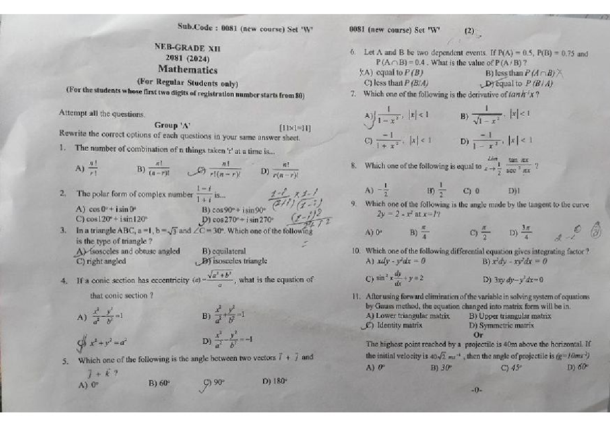 Class 12 Maths 2081 ( Gandaki) - Sub : 0081 (new course) Set 0081 (new ...