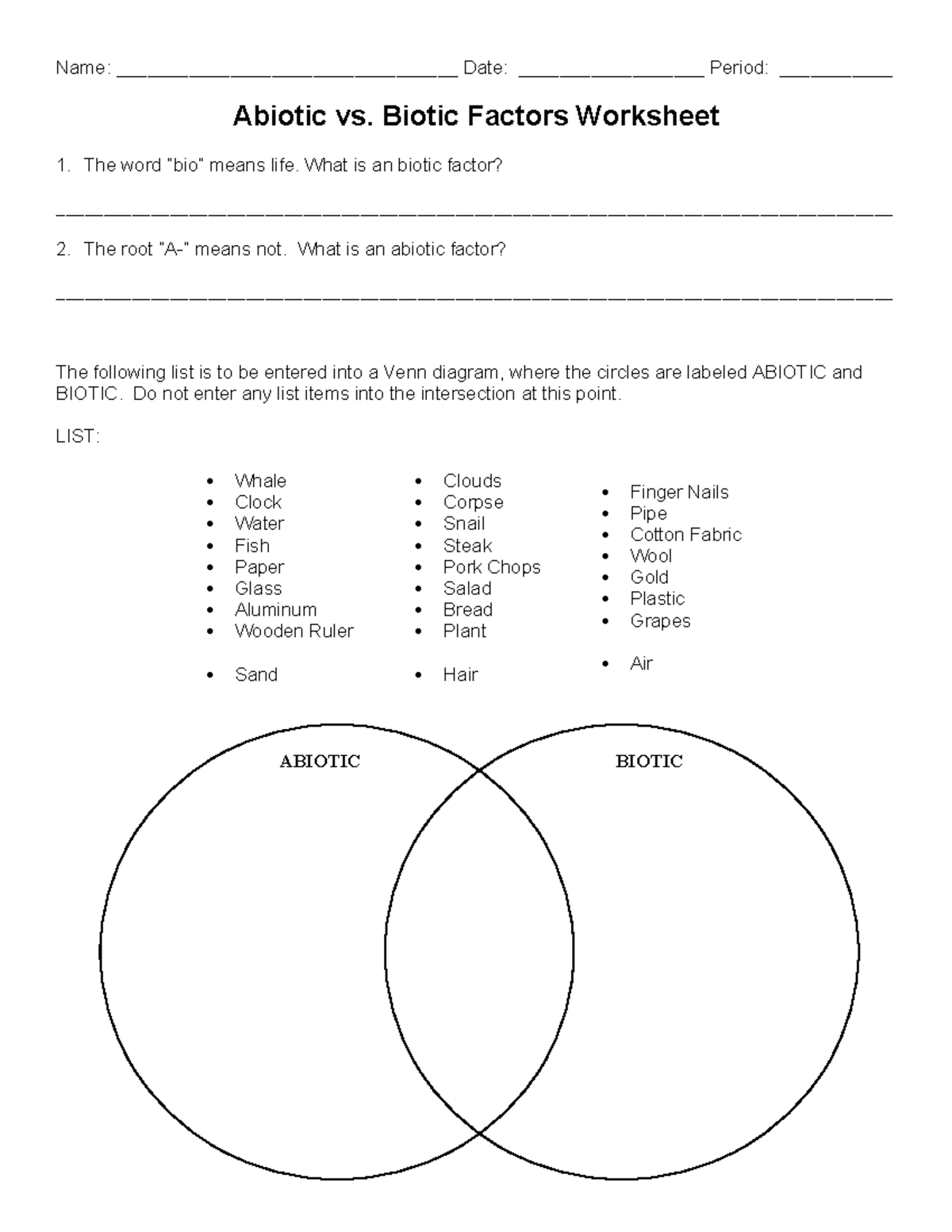 Abiotic vs. Biotic Factors Worksheet (Biology 101) - Studocu