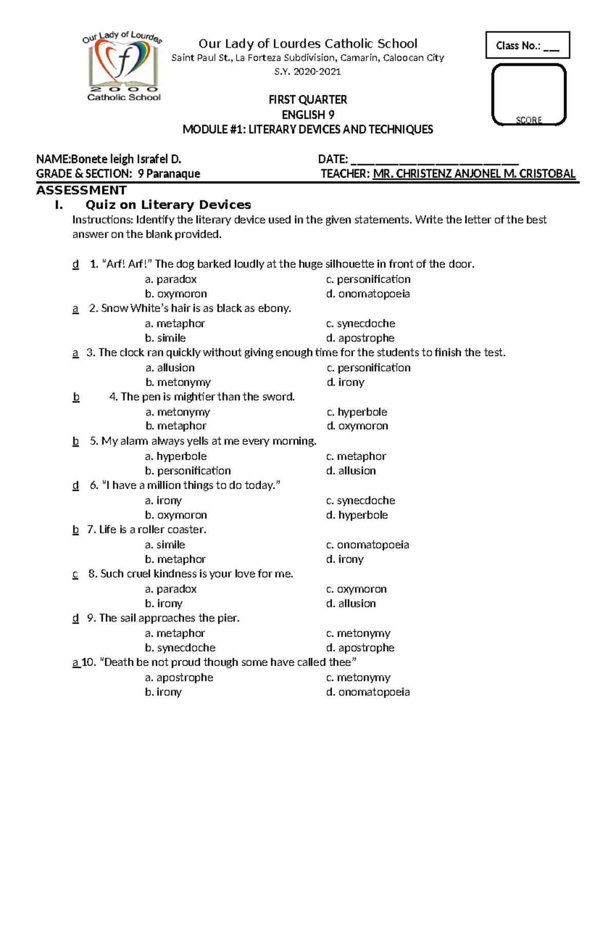 Bonete mod1 assesment - Our Lady of Lourdes Catholic School Saint Paul ...