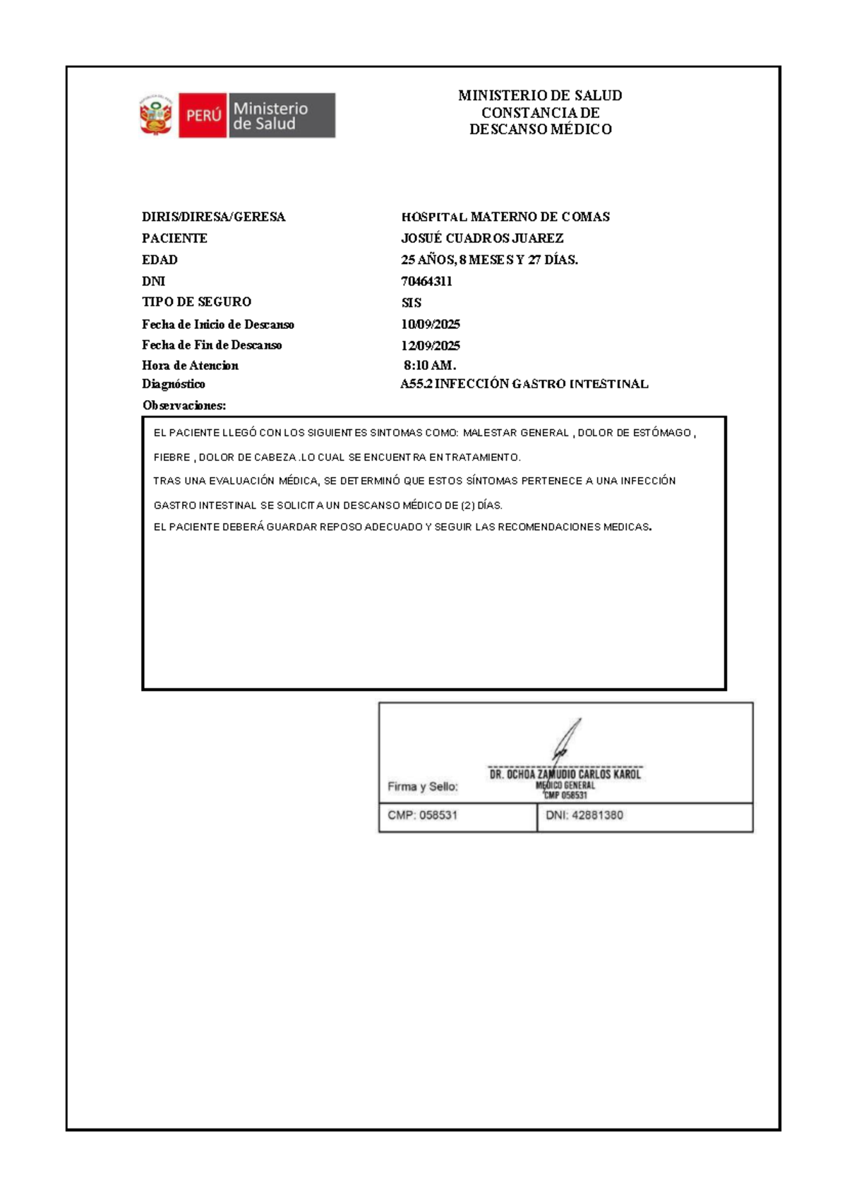 CONSTANCIA DE DESCANSO MÉDICO - HOSPITAL MATERNO DE COMAS - Studocu