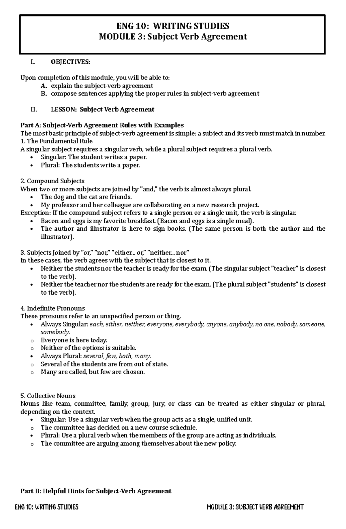 ENG 10: WRITING STUDIES MODULE 3 - Subject Verb Agreement Guide - Studocu