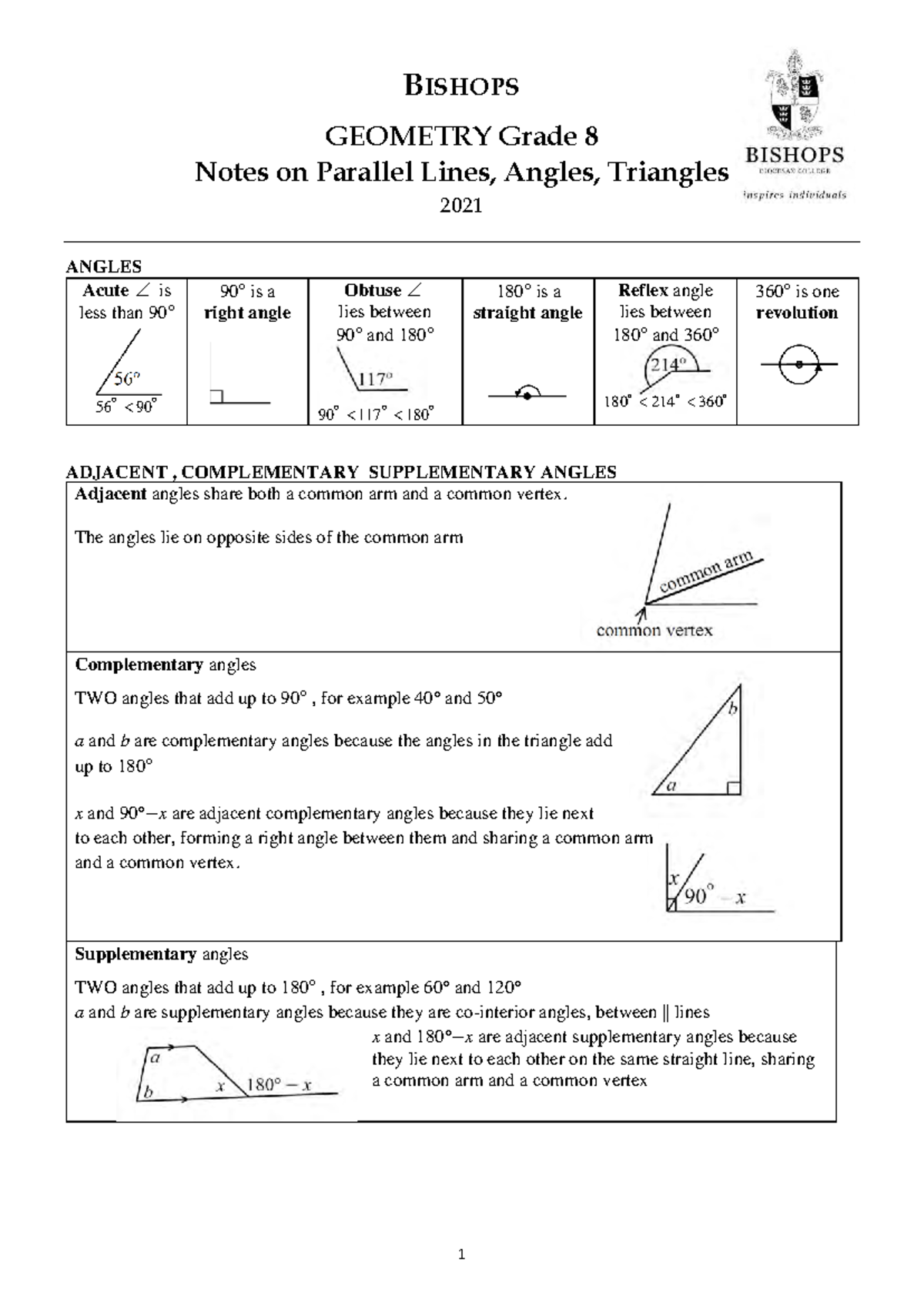 BISHOPS GEOMETRY G8 Notes on Lines, Angles & Triangles 2021 - Studocu