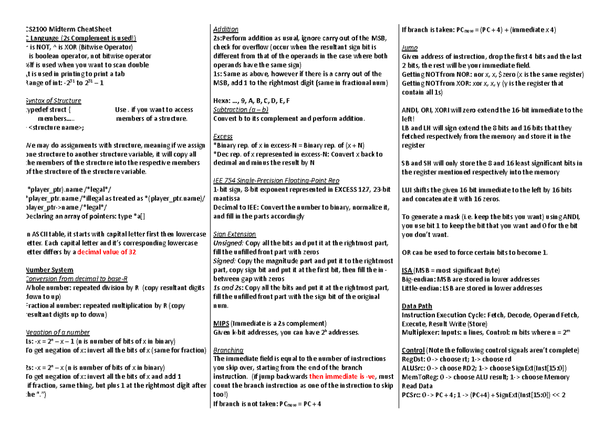 CS2100 Final Cheat Sheet - Warning: TT: undefined function: 32 CS2100 Midterm CheatSheet C ...