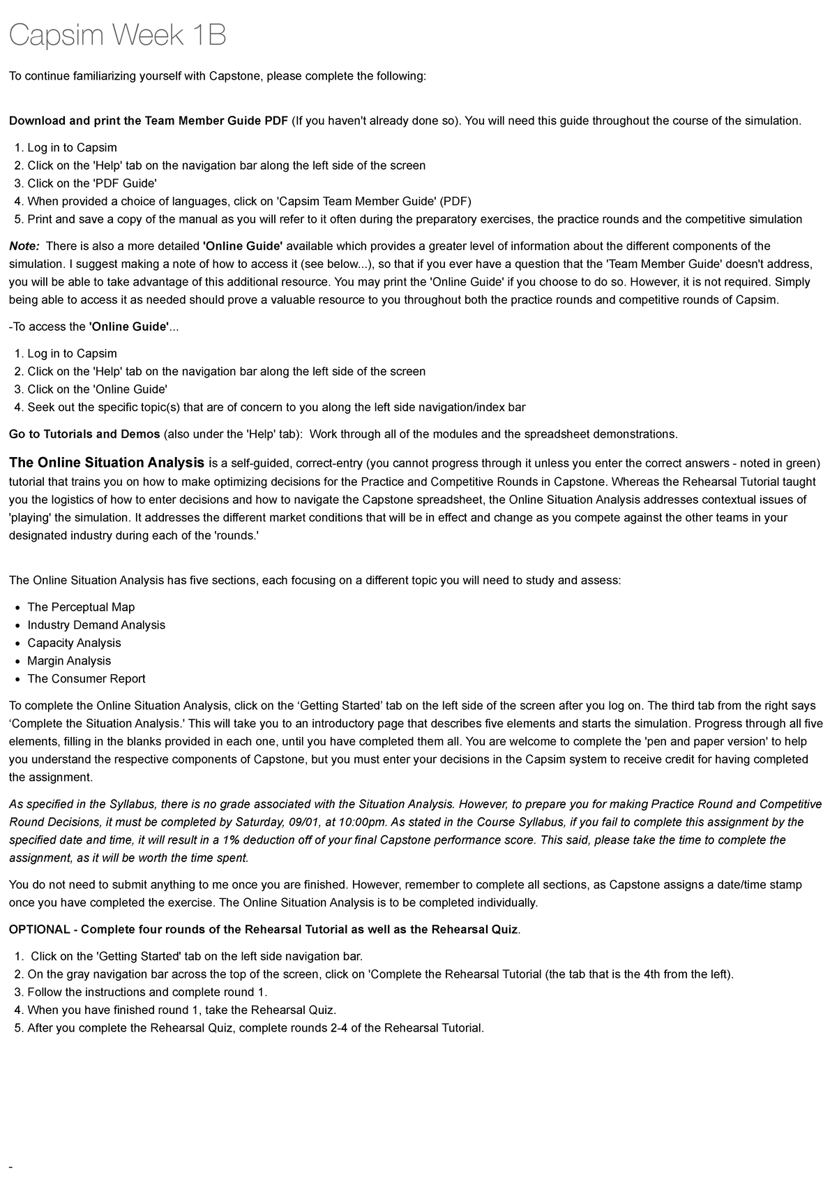 Capsim Week 1B: Team Member Guide & Online Situation Analysis - Studocu