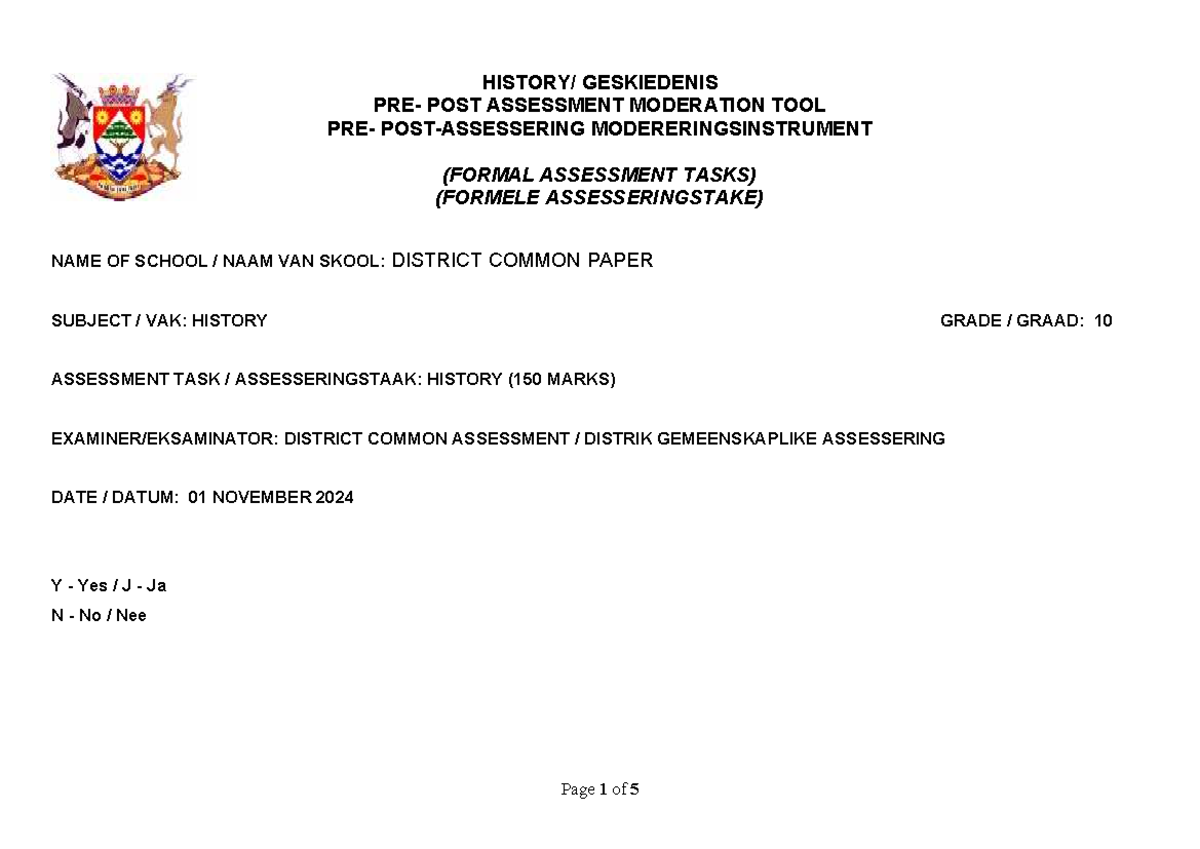 HISTORY 10: Pre-Post Assessment Moderation Tool - Nov 2024 - Studocu