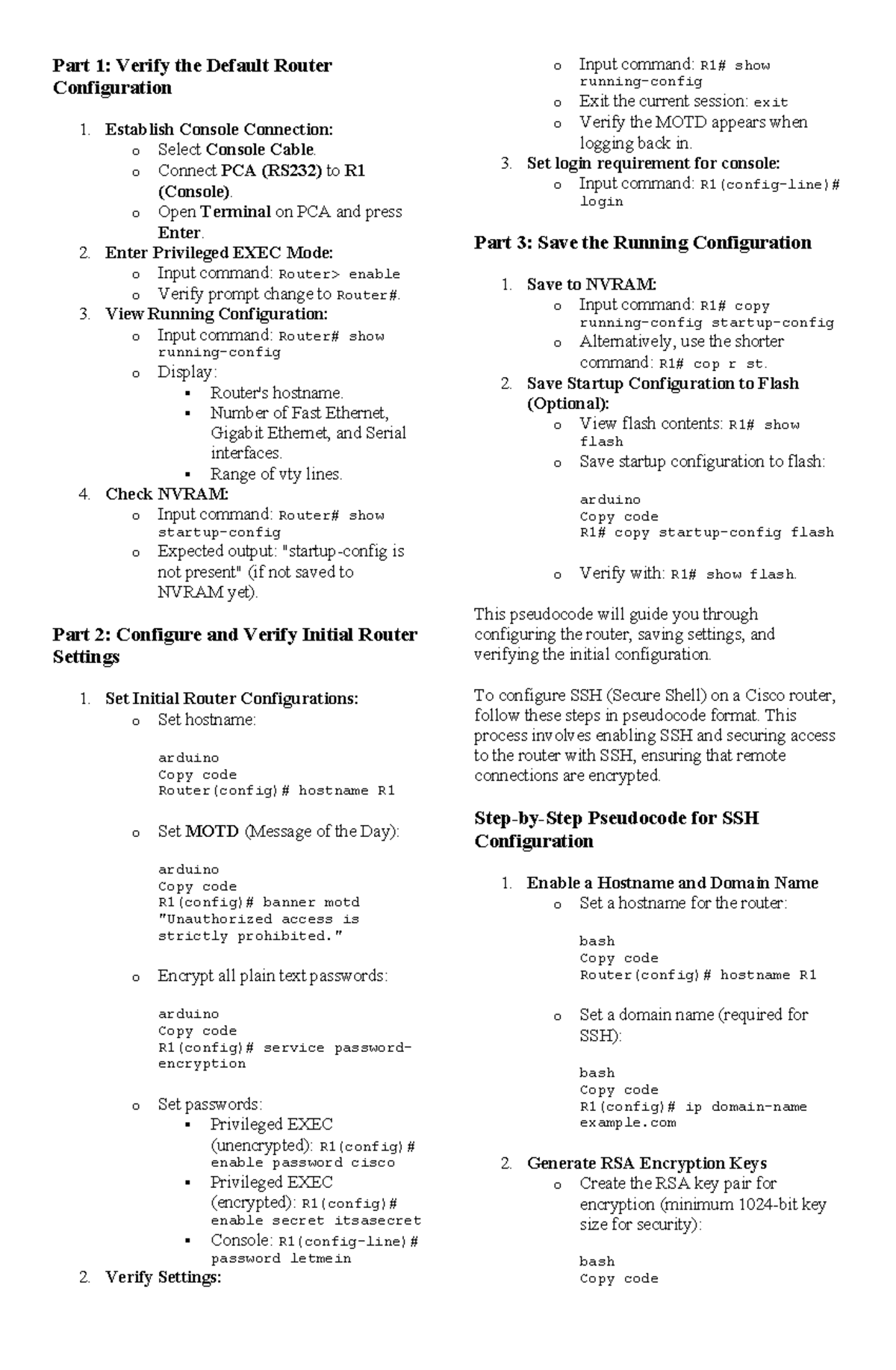 Cisco Config - Router Setup and SSH Configuration Guide - Studocu