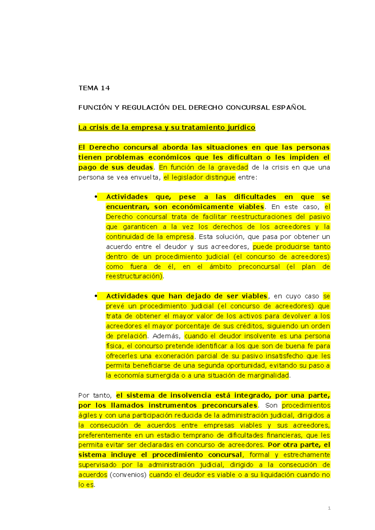 TEMA 14: Función y Regulación del Derecho Concursal Español - Studocu