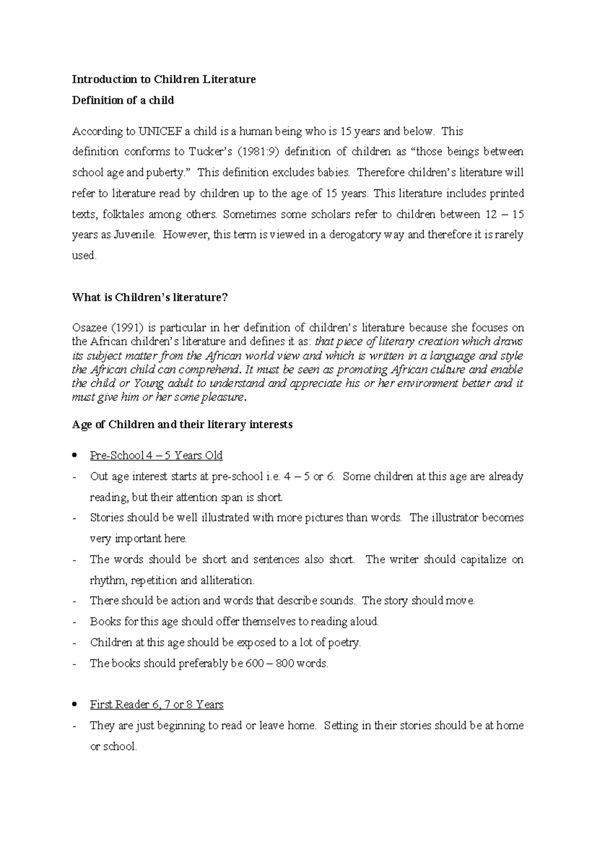 Lesson ONE - notes - Introduction to Children Literature Definition of ...