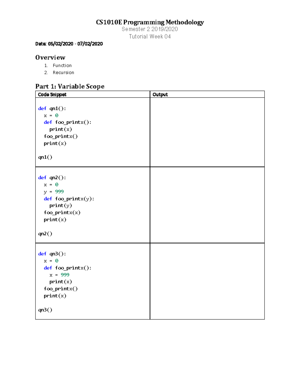 Wk04 - Tut - CS1010E Programming Methodology Semester 2 2019/ Tutorial ...