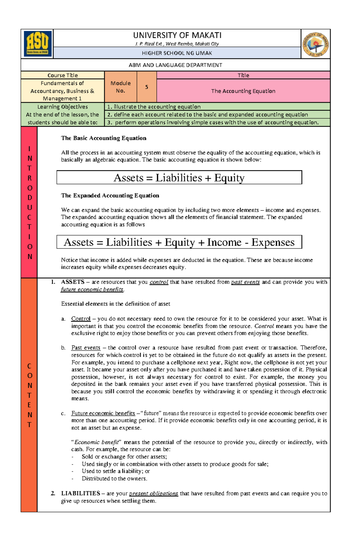 FABM1 Module 5: Understanding the Accounting Equation - Studocu