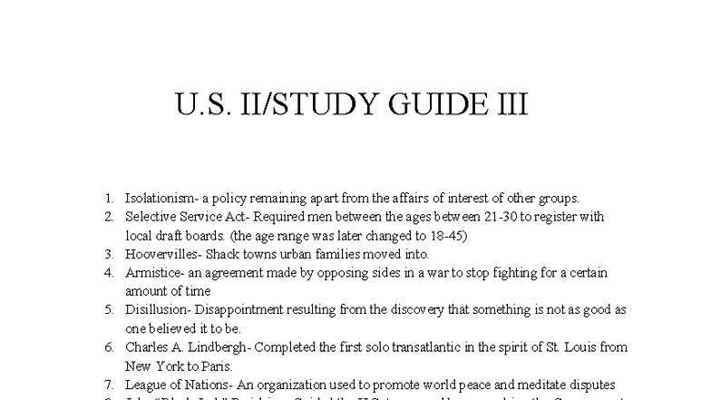 U.S. Study Guide III - Key Terms and Concepts from WWI and the 1920s ...