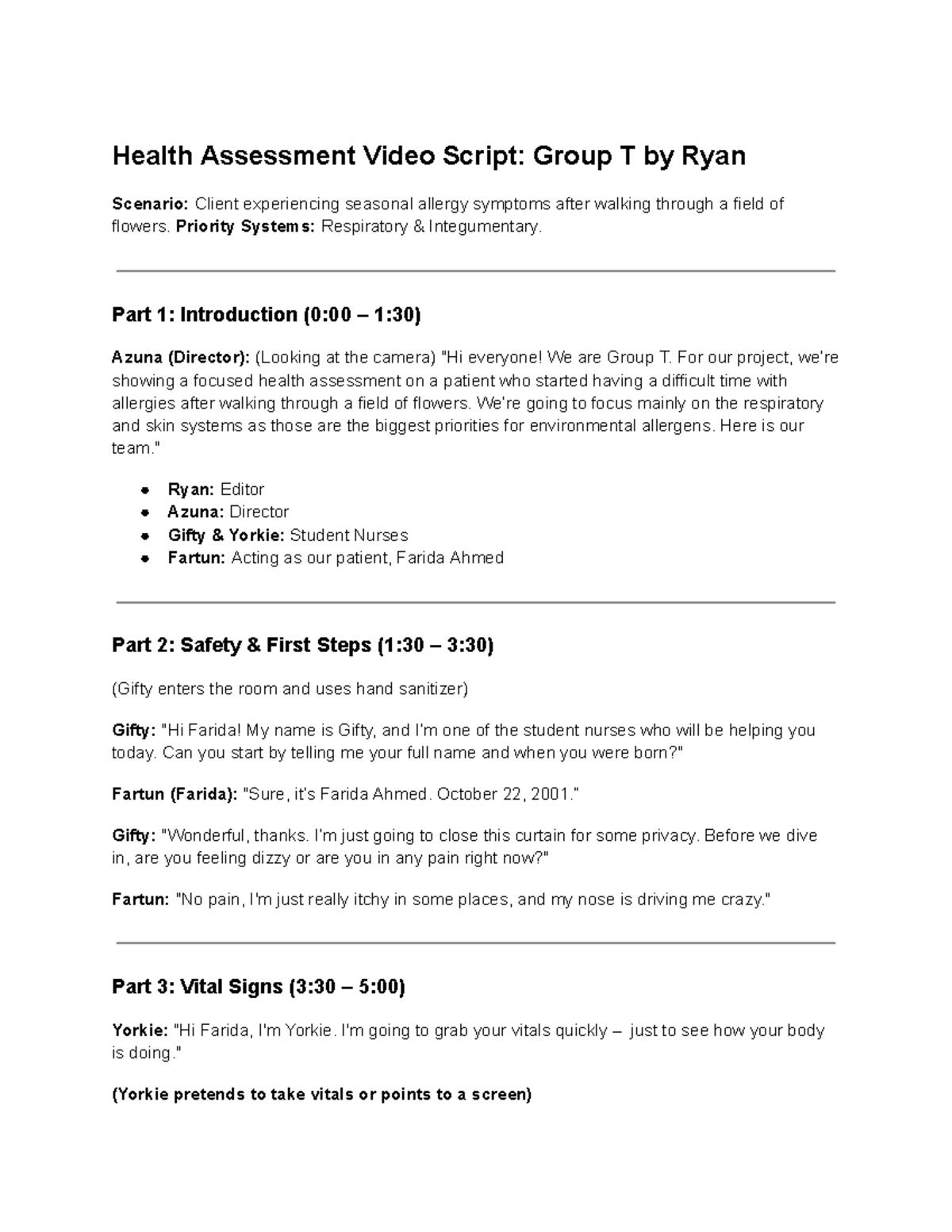 Health Assessment Video Script: Group T - Ryan Allergy Case Study - Studocu