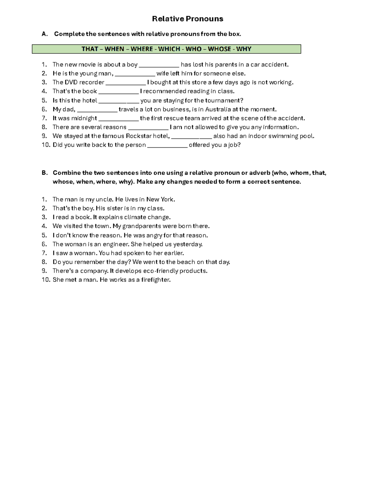 Relative Pronouns Exercises - Complete & Combine Sentences - Studocu